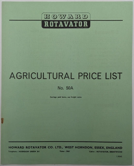 ORIGINAL HOWARD ROTAVATOR Agricultural Price List No 50A, October 1962 ...