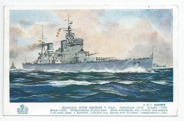 HMS HOWE KING George V class Battleship Royal Navy PC 1943 £10.00 ...