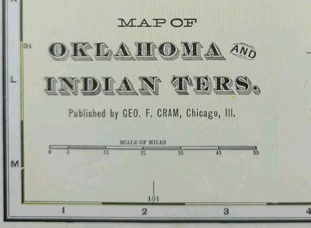 VINTAGE 1901 OKLAHOMA INDIAN TERRITORY Map 22"x14" Old Antique Original ...