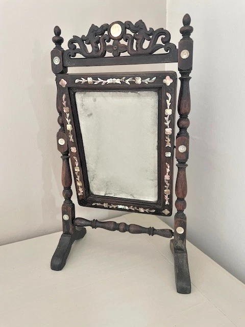 ANCIEN MIROIR PSYCHE en bois avec incrustation de nacre - indochine ...