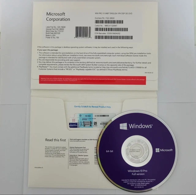 WINDOWS WIN 10 pro 64 bit installation DVD with Genuine License Product ...