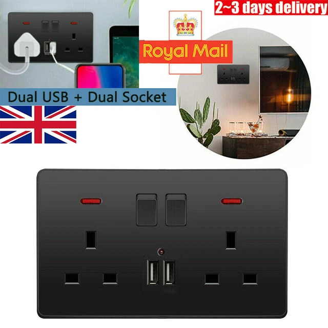 DOUBLE WALL PLUG Socket 2 Gang 13A With 2 Charger USB Ports Outlets ...