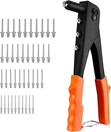 HEAVY DUTY HAND Rivet Gun Tool Kit With 40Pcs Metal Rivets & 4 Nozzles ...