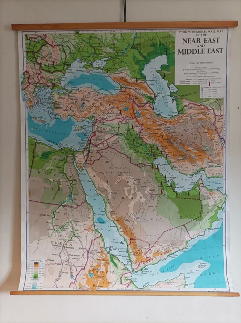 VINTAGE ROLL DOWN school map chart NEAR and MIDDLE EAST geography 113cm ...