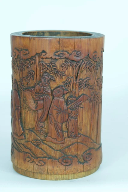 ANCIEN PORTE PINCEAUX Chine 19ème Bambou sculpté signé Bitong Crayon ...