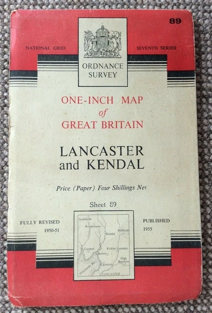 VINTAGE 1955 ORDNANCE Survey One Inch Map of Lancaster and Kendal Lake ...