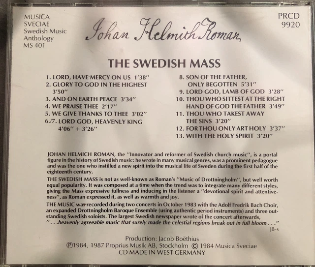 JOHAN ROMAN. THE Swedish Mass (Musica Sveciae - Proprius Musik, 1984 ...
