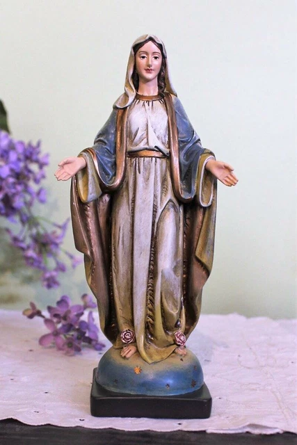 OUR LADY OF GRACE Mary Statue 8 inch Resin Roses at Feet Indoor Outdoor ...