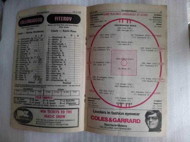 VFL FOOTBALL RECORD July 12 , 1975 Collingwood Versus Fitroy At ...