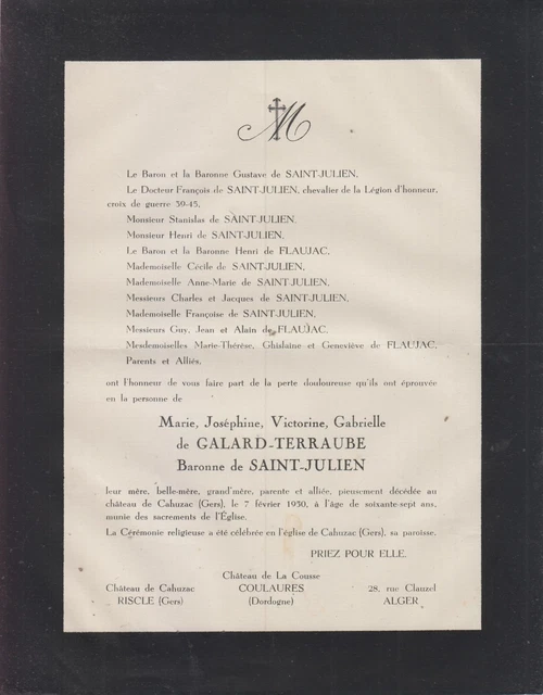 1950 FAIRE-PART DÉCÈS Gabrielle de GALARD-TERRAUBE, Baronne de SAINT-JULIEN. EUR 30,00 - PicClick DE