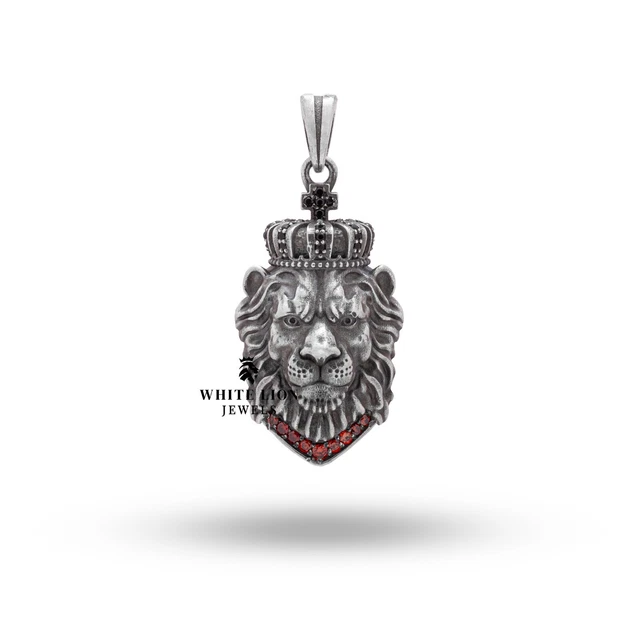 CALM LION KING Crown Animal Jungle Leo Men Cubic Zirconia Pendant 925 ...