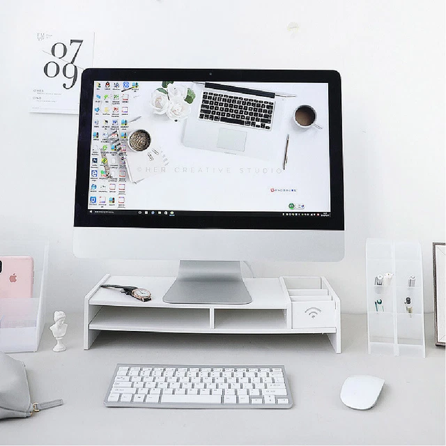 WHITE MONITOR STAND PC Laptop Computer Screen Riser Tidy Desk Storage ...