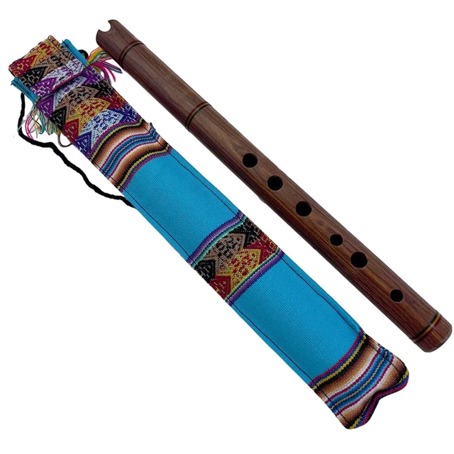 WOODEN ANDEAN QUENA jacaranda flute with a decorated protective carry ...