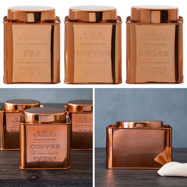 VINTAGE COPPER KITCHEN Storage Canisters Tea Coffee Sugar Jar Pots ...