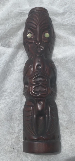 28CM WOODEN TIKI New Zealand w Paua Shell Eyes Carved In Rotorua $20.00 ...