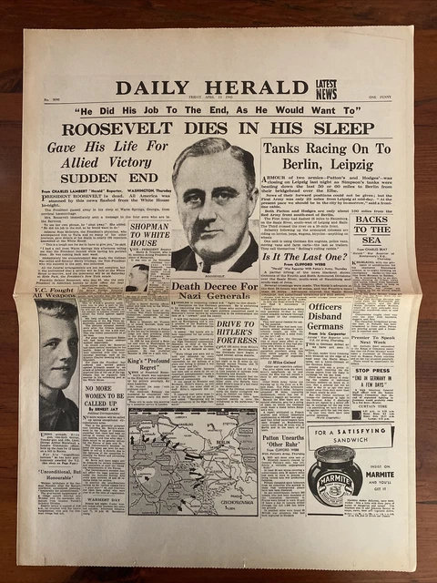 VINTAGE BRITISH WARTIME Daily Herald Newspaper Friday April 13 1945 EUR ...