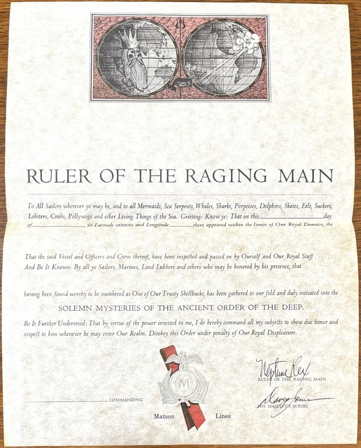 RARE BLANK MATSON Lines Ruler of the Raging Main Parchment Certificate ...