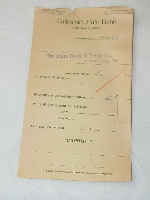 ORIGINAL CALIFORNIA STATE Bank Deposit Slip Receipt Carson CIty Nevada ...