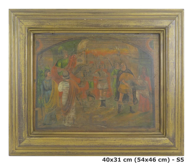 TABLEAU ANCIENNE DÉBUT 900 Scène Avec Caractères en Costume Médiéval ...