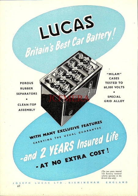 LUCAS MOTOR VEHICLE Batteries ADVERT Vintage Original 1954 Print Ad 164 ...