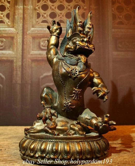 12& OLD TIBET Bronze Gilt Stand Beast Head Protector Deity Buddha ...