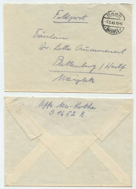 95161 - FIELD post letter - Hamm 7.5.1943 to Plettenberg £4.23 ...