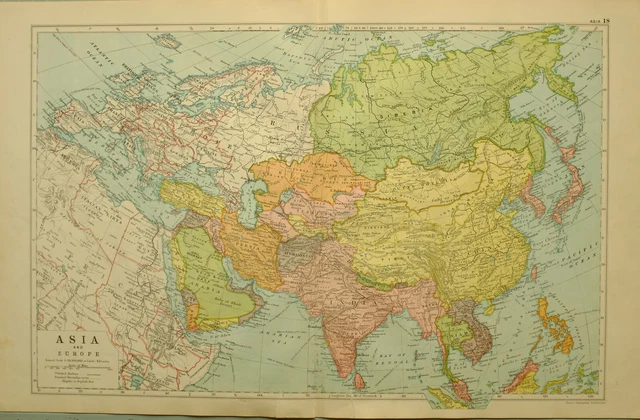 1922 MAP ASIA & Europe Arabia Persia India Mongolia Tibet China Japan ...
