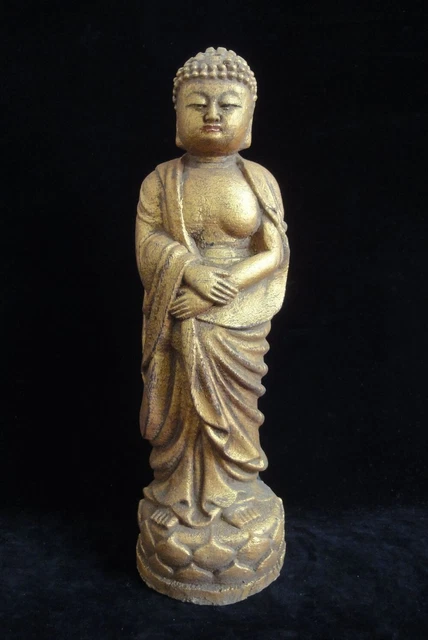 ANCIENNE GRANDE SCULPTURE chinoise statue de Bouddha Shakyamuni en bois doré sculpture à la main ...