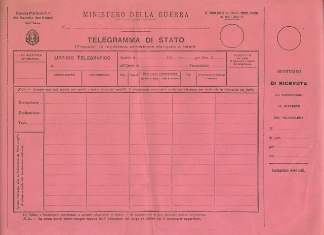 MINISTERO DELLA GUERRA TELEGRAMMA DI STATO MODULO ANNO 1931 NUOVO (a31 ...