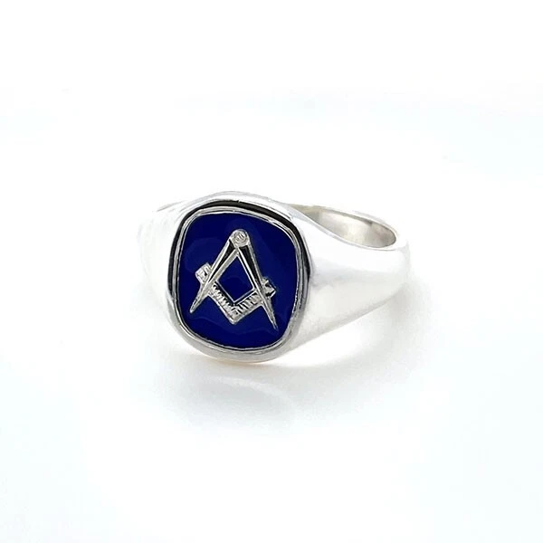 SILVER CRAFT SQUARE & Compass Cushion Enamelled Masonic Ring Hallmarked ...