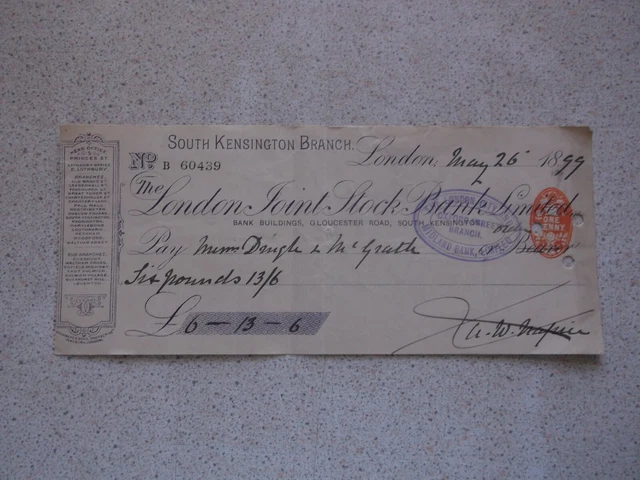USED CHEQUE THE London Joint Stock Bank Limited London City & Midland ...