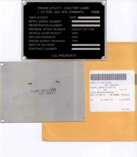 US ARMY HMMWV M998 Data Plate Typenschild Identification Plate Hummer ...