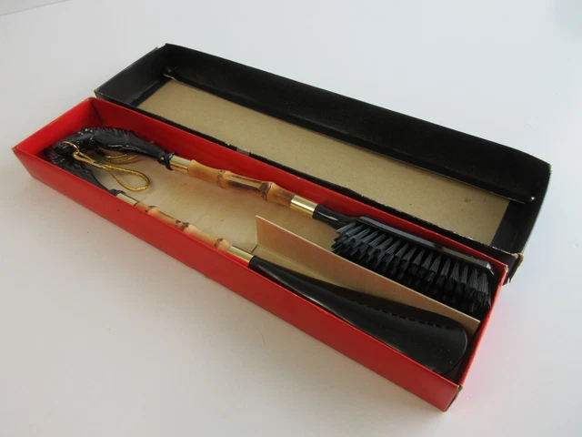 VTG JAPAN BAMBOO Shaft Black Equestrian Horse Head Shoe Horn & Brush ...