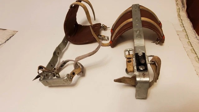 VINTAGE TREE POLE Lineman Climbing Spikes Gaffs brace leg straps pads ...