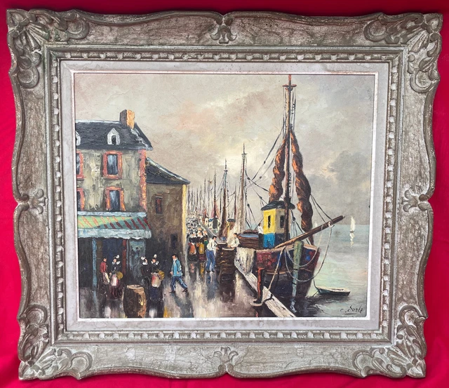TABLEAU HUILE SUR Toile Marine Pecheurs Quai de l'Aiguillon CROISIC par C Sorli? EUR 120,00 ...