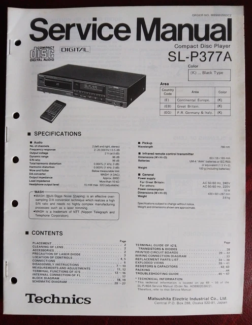 TECHNICS SL-P377A COMPACT Disc Player CD Repair Service Manual ...