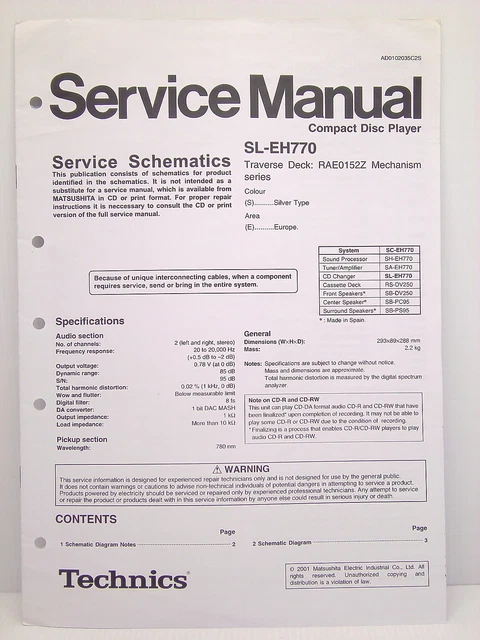 TECHNICS ORIGINAL SERVICE Manual Schematics SL-EH770 Compact Disc ...