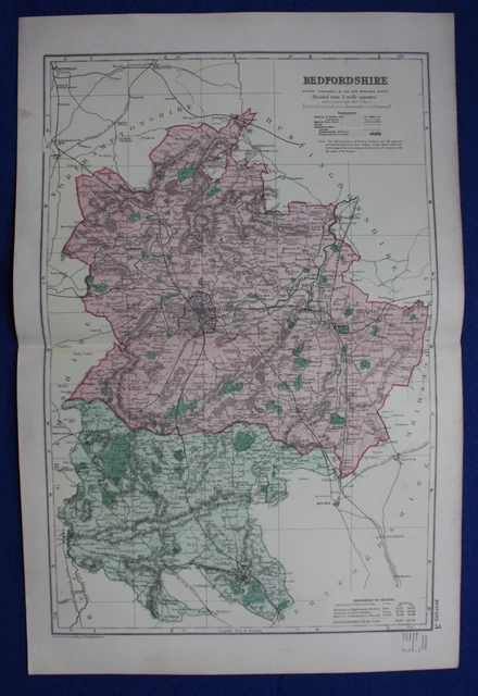 ORIGINAL ANTIQUE MAP BEDFORDSHIRE, BEDFORD, RAILWAYS, G.W. Bacon, 1896 ...