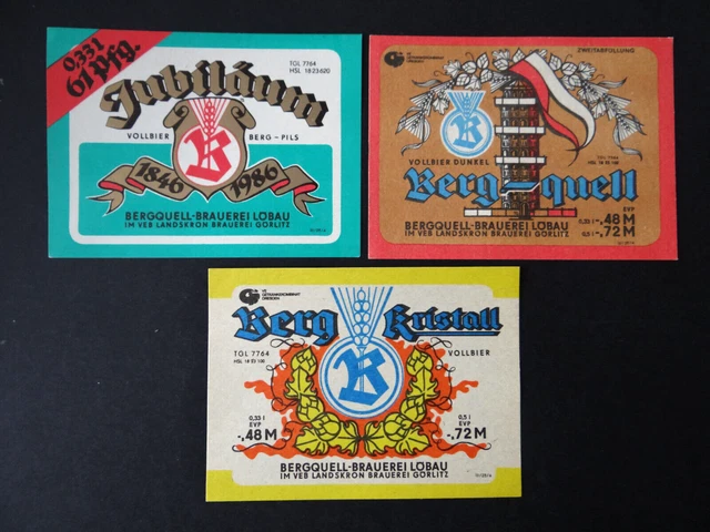 3 DDR-BIER-ETIKETTEN - Bergquell Brauerei Löbau / VEB Landskronbrauerei ...