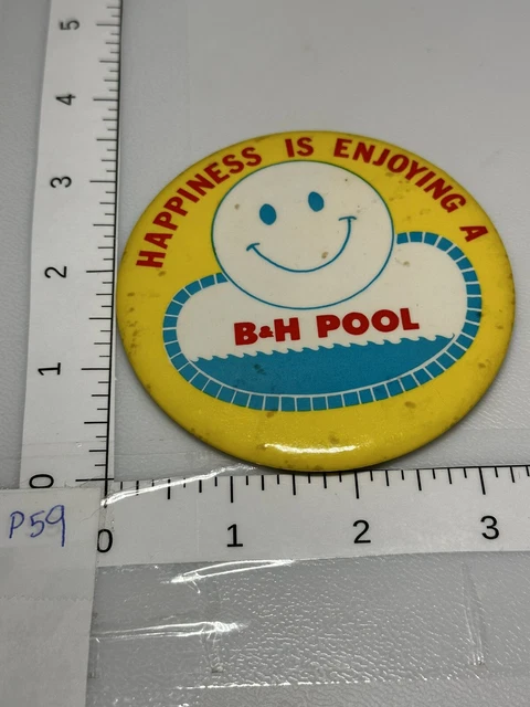 VINTAGE B&H SWIMMING Pools Swim Smiley Face Advertising Pin Pinback ...