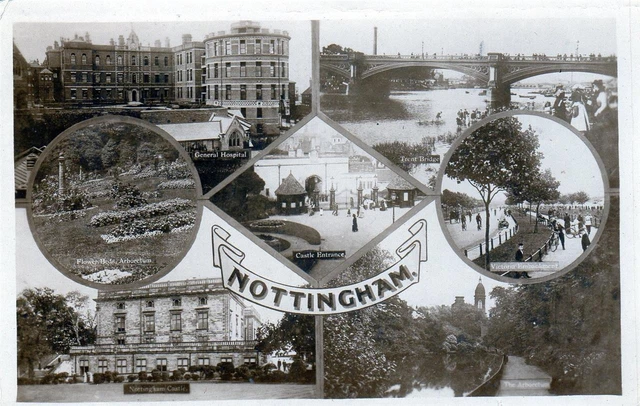 NOTTINGHAM MULTIVIEW RP old postcard by Lewis Colonial used 1922 EUR 10 ...
