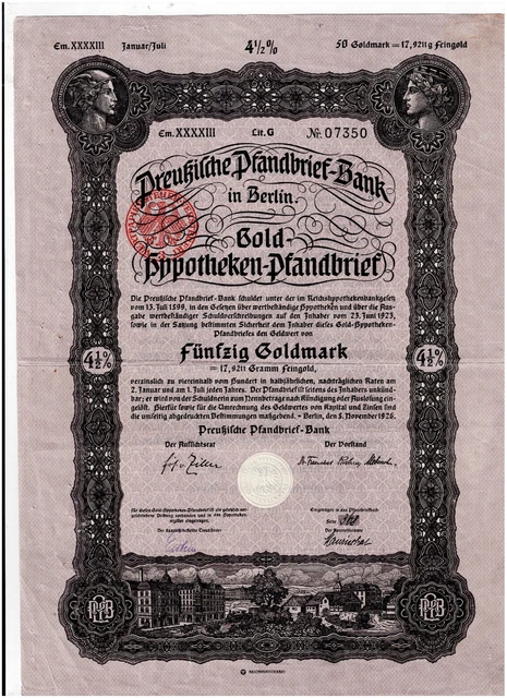 PRUSSIAN PFANDBRIEF BANK, Berlin 1926, Gold Bond, 50 Gold Mark ...