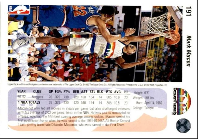 1992-93 UPPER DECK Basketball Card pépites Mark Macon Denver #191 EUR 2 ...