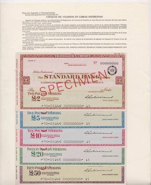 B1657 TRAVELLERS CHEQUES-SPECIMEN 1966 Standard Bank £2-£50 cheques ...