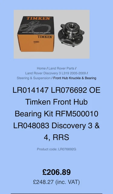 LR014147 LR076692 OE Timken Front Hub Bearing Kit RFM500010 Discovery 3 ...