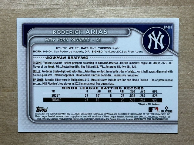 2024 YANKEES DE New York PROSPECT Roderick Arias Topps Bowman PROSPECTS ...