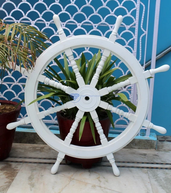GRANDE ROUE DE bateau nautique en bois pour décoration murale blanche artisan... EUR 183,59 ...