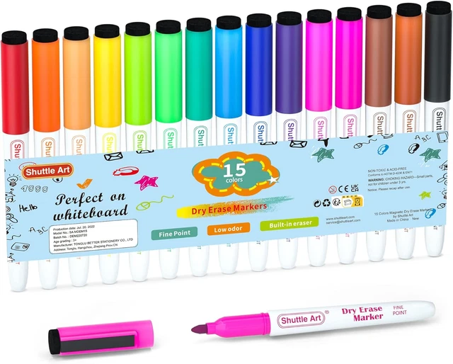 WHITEBOARD PENS, 15 Colours Magnetic Whiteboard Makers Fine Tip and ...