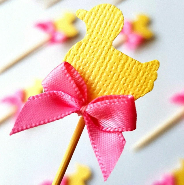 BABY SHOWER CUPCAKE Toppers Yellow Duck w Pink Ribbons 12 PIECES ...