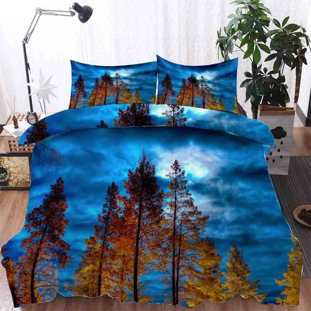 BEAUTIFUL BLUE SKY Tall Trees 3D Quilt Duvet Doona Cover Set Pillow ...